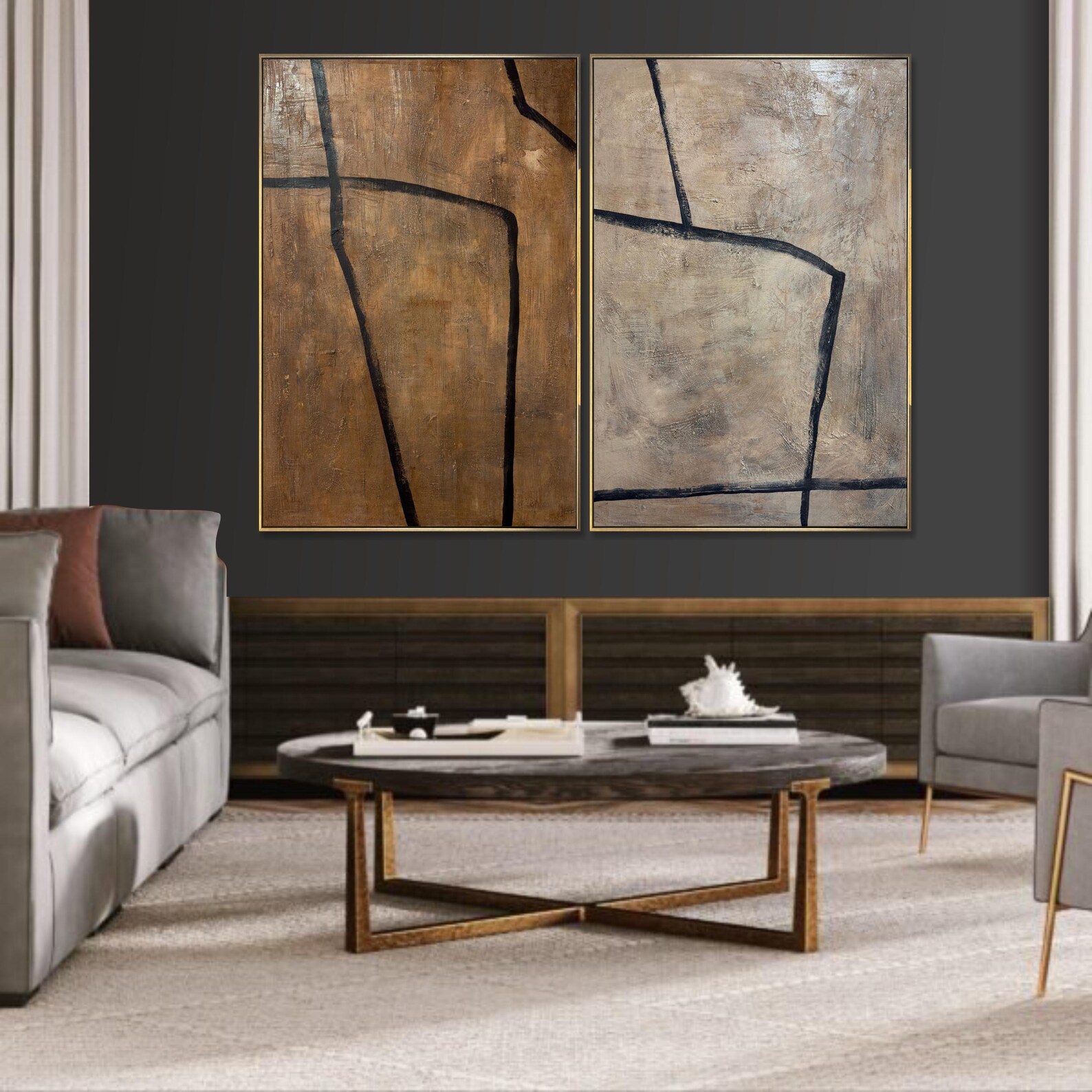 Large Neutral Abstract Painting Set, Minimalist Living Room Wall Art ...
