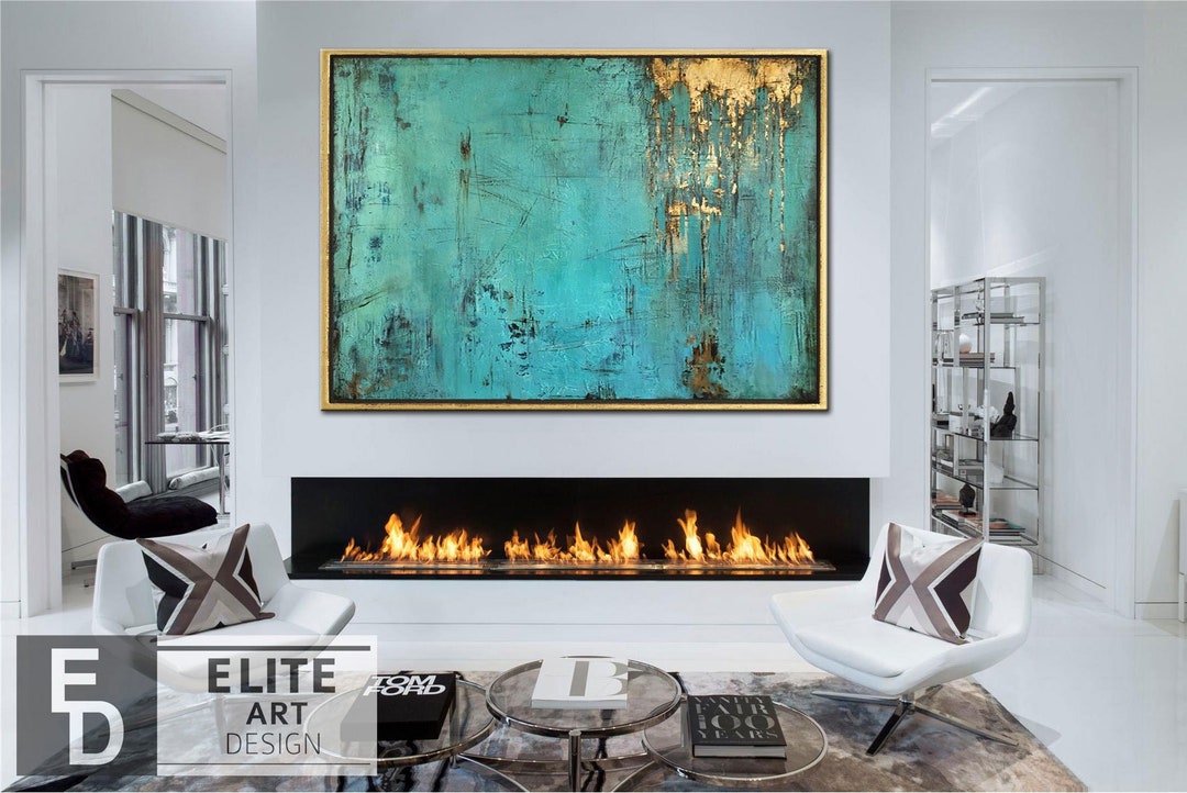 Turquoise Gold Abstract Painting – Modern Canvas Wall Art - Etsy