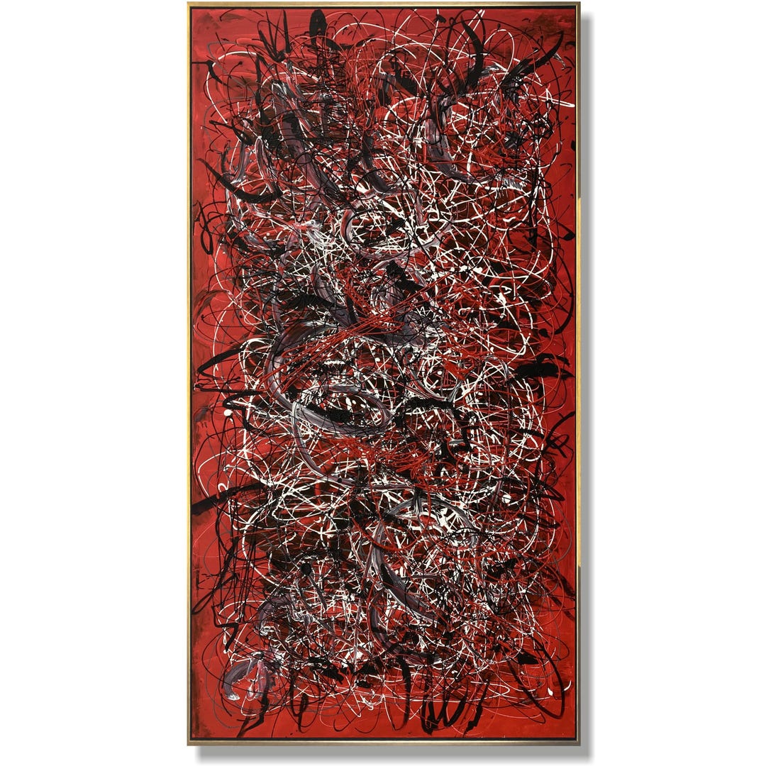 Jackson Pollock Style Paintings on Bright Red Canvas Original Abstract ...