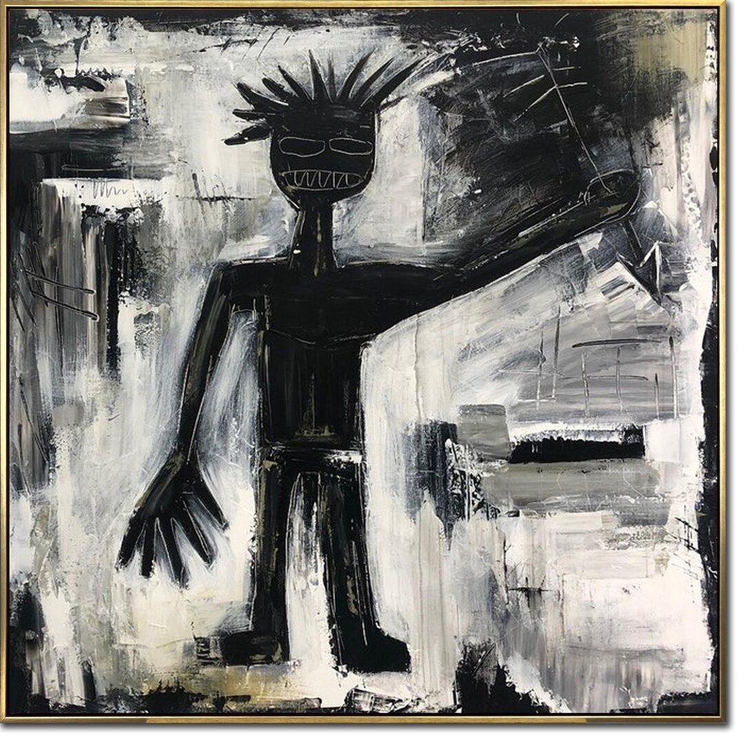 Abstract Primitive Art Black and White Humanoid Figure Modern Painting ...