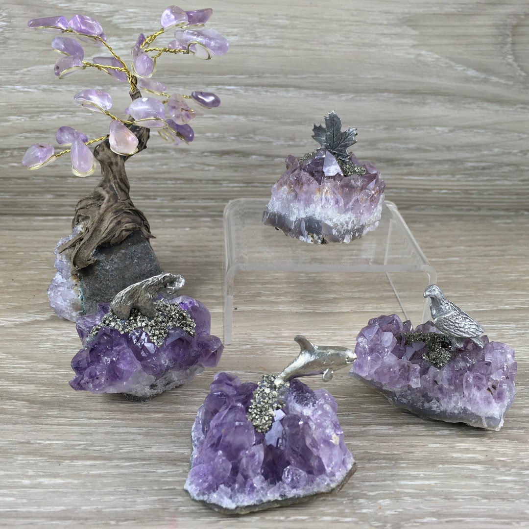 Pewter Figurine on Small Amethyst Cluster - Choose From Bear, Dolphin ...