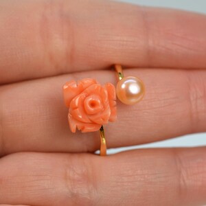 Natural Coral Carved Rose Ring for Women, Freshwater Pearl Ring, Gold ...