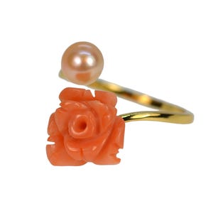 Natural Coral Carved Rose Ring for Women, Freshwater Pearl Ring, Gold ...