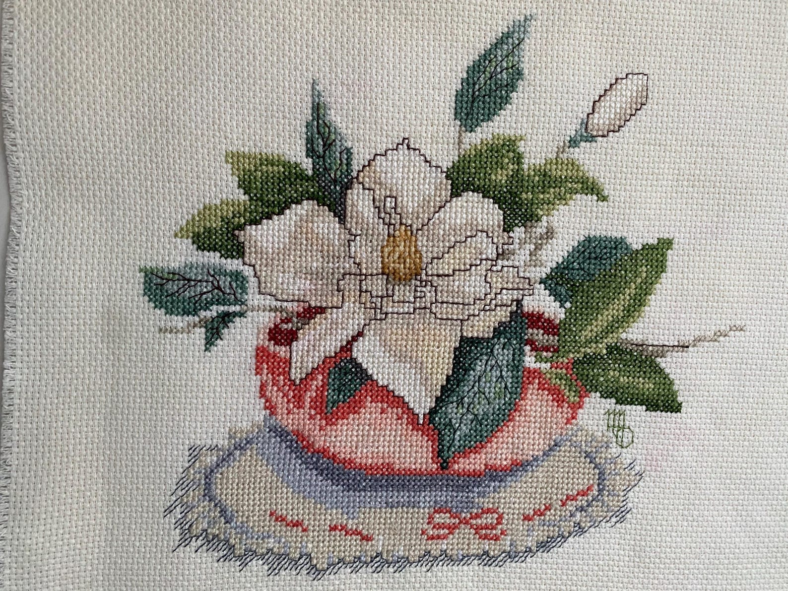 Magnolia in Pink Pot Cross Stitch – Handmade Floral Wall Art - Etsy