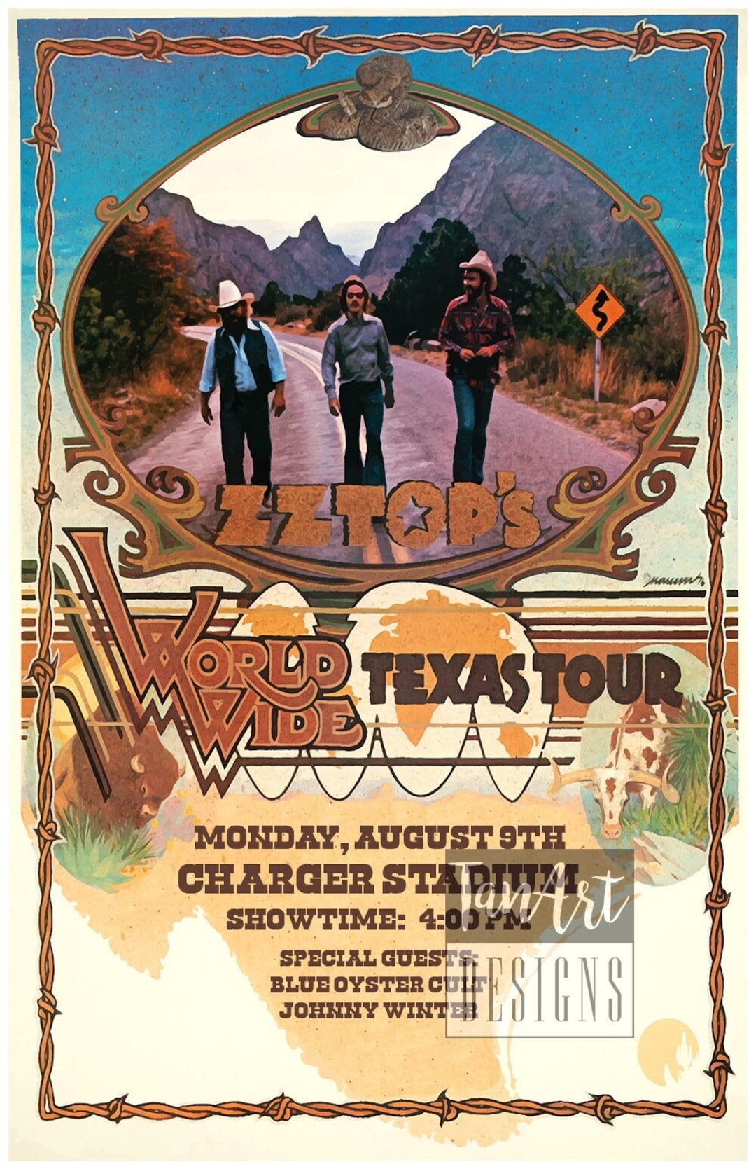 ZZ Top Texas World Wide Poster ZZ Top Tour Poster Retro Rock Poster ...