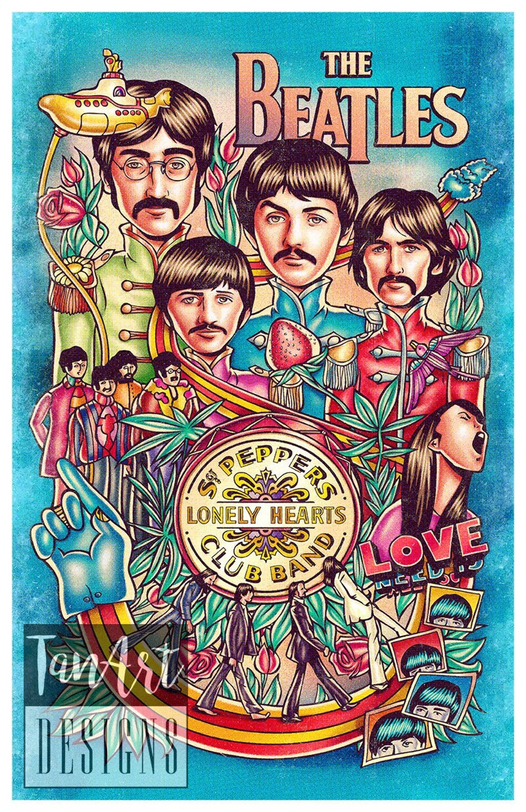 Beatles Sgt. Peppers Illustration Poster Beatles Vintage Poster Retro ...