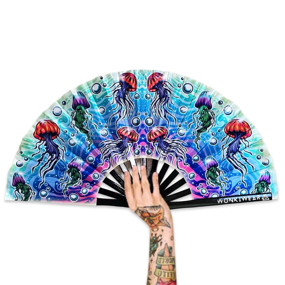 XL Festival Fan - Silky Jellyfish, Ocean Big Folding Hand Fan for Raves ...