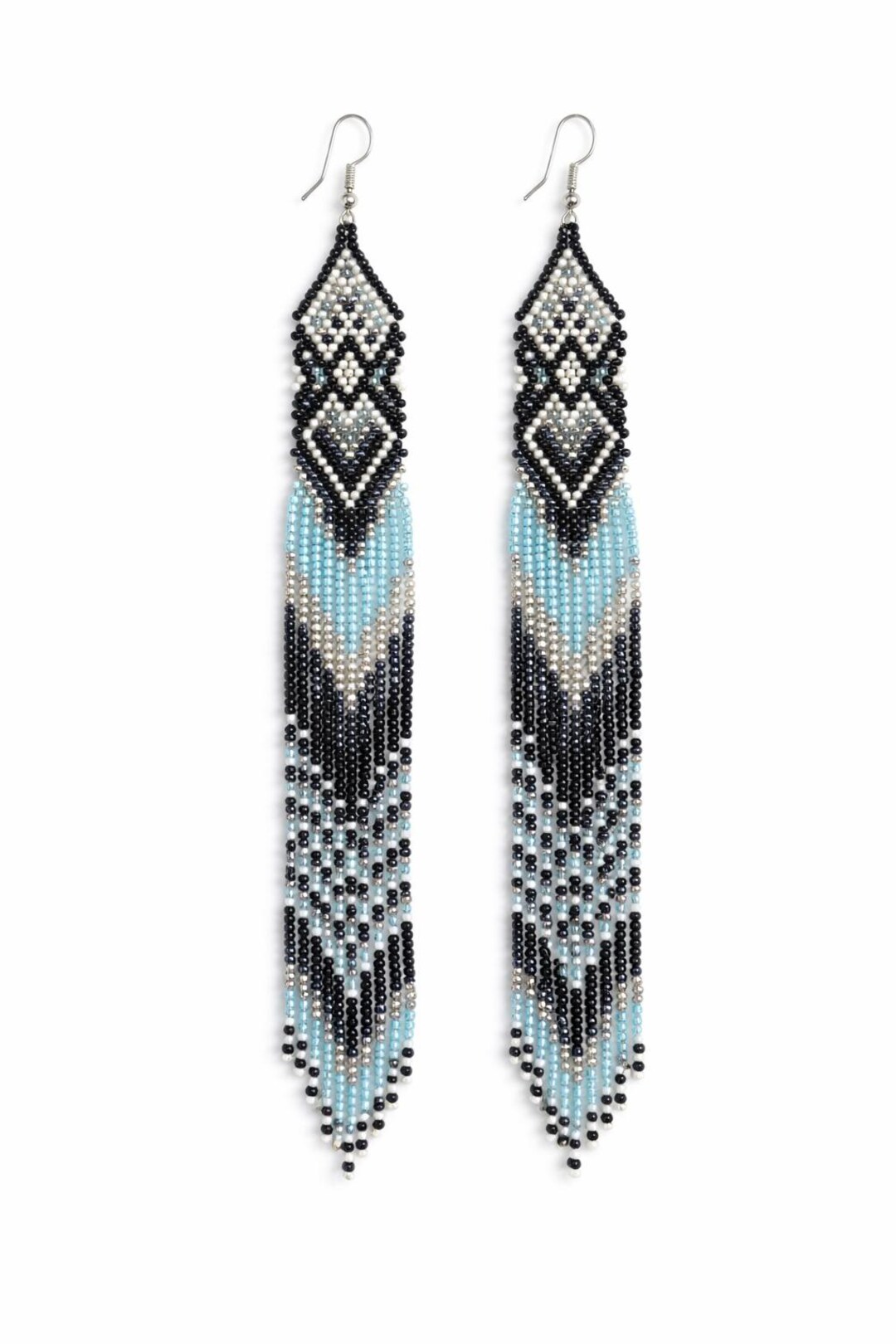 Extra Long Handmade Beaded Earrings | Black White Blue Fringe Jewellery ...