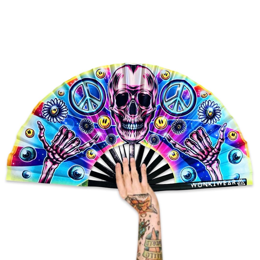 XL Festival Fan - Silky Skeleton Peace, Big Folding Hand Fan for Raves ...