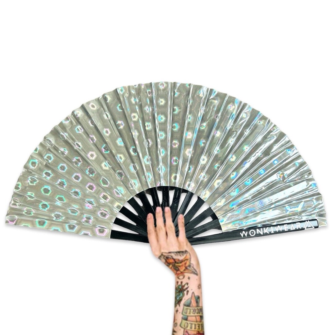 XL Festival Fan Holographic, Silver, Big Folding Hand Held Fan for ...