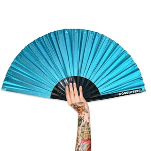 Personalised Folding Fan, Light Blue Shimmery, Big Large Foldable Hand ...