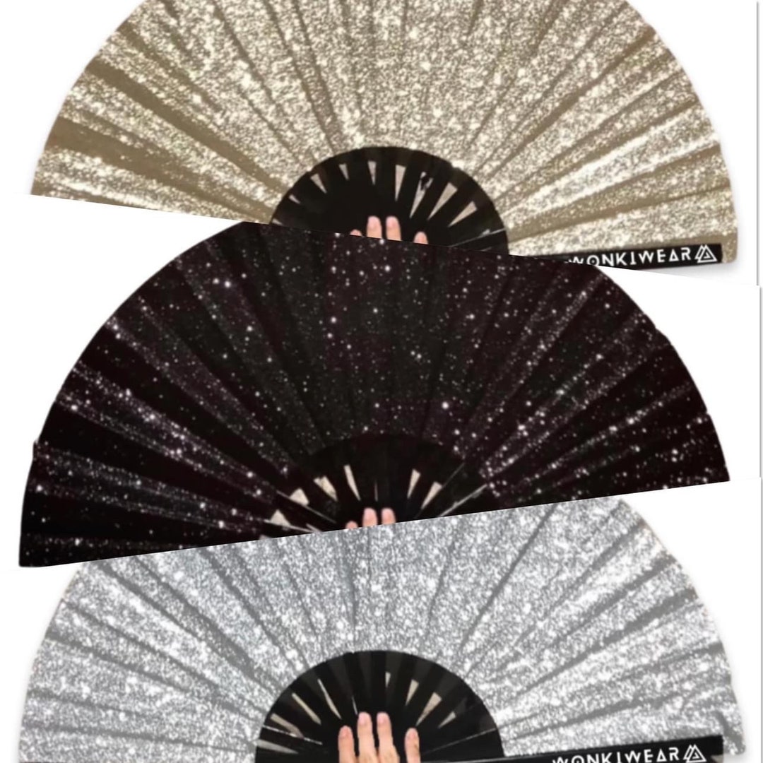 Big Black Glitter Fan, Large or Medium Folding Hand Held Clack Fan ...