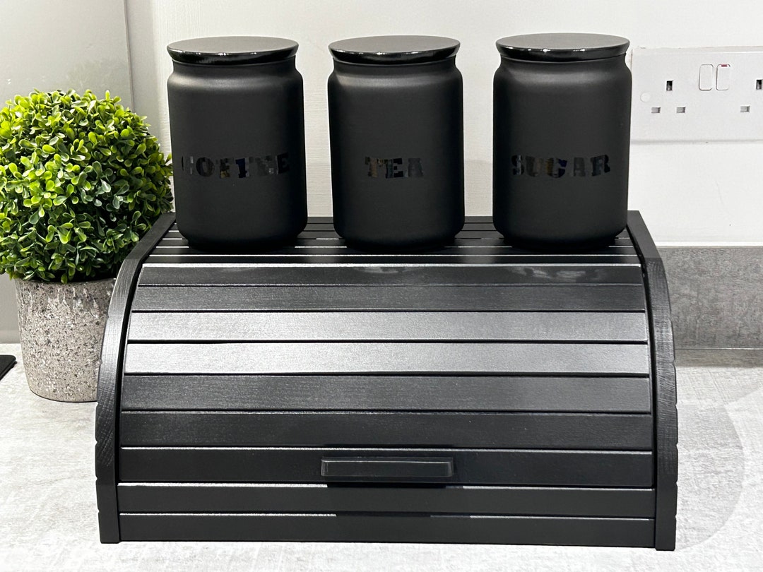 Black Tea Coffee Sugar Kitchen Storage Canister Sets Shown With Black ...
