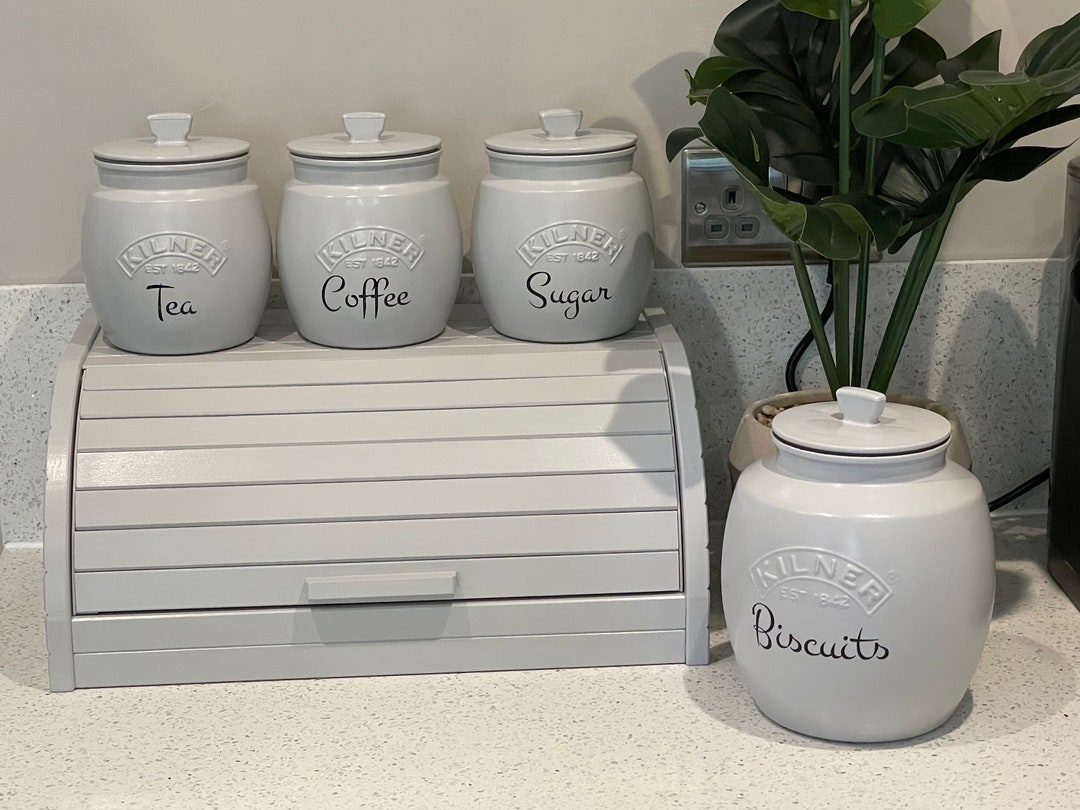 Light Grey Tea Coffee Sugar Canisters Kitchen Storage Set Pantry ...