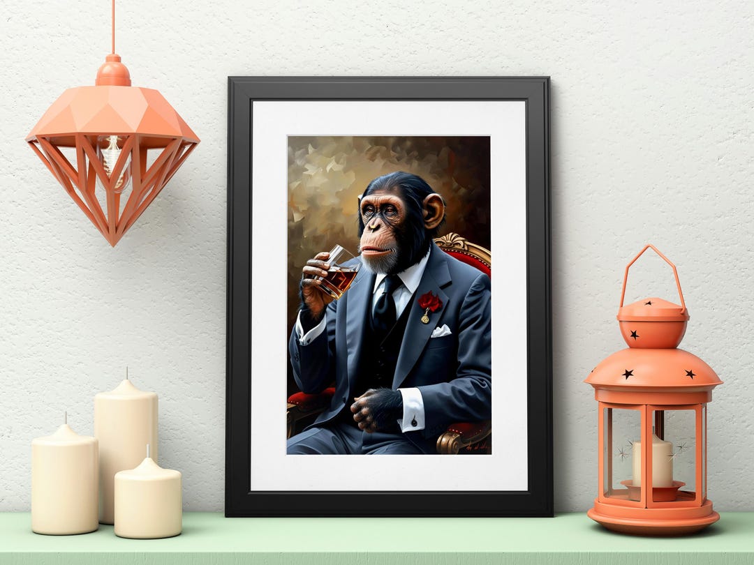 Retro Chimpanzee Portrait Art Print Vintage Animal Wall Art Decor Chimp ...
