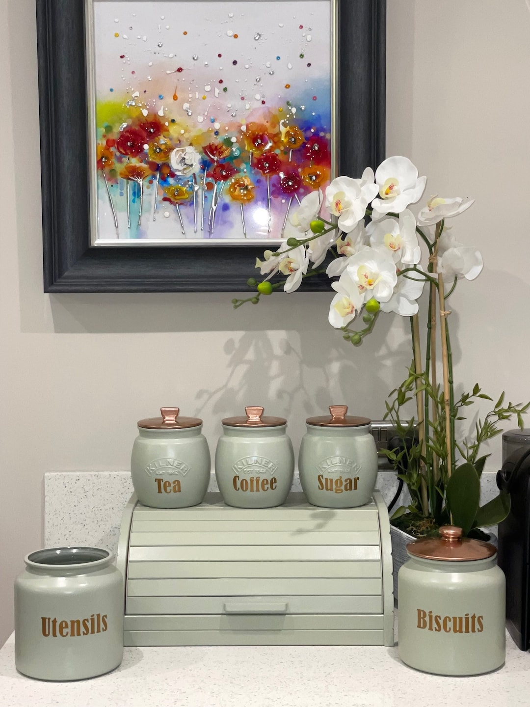 Sage Green Tea Coffee Sugar Canisters Set With Optional Biscuit ...