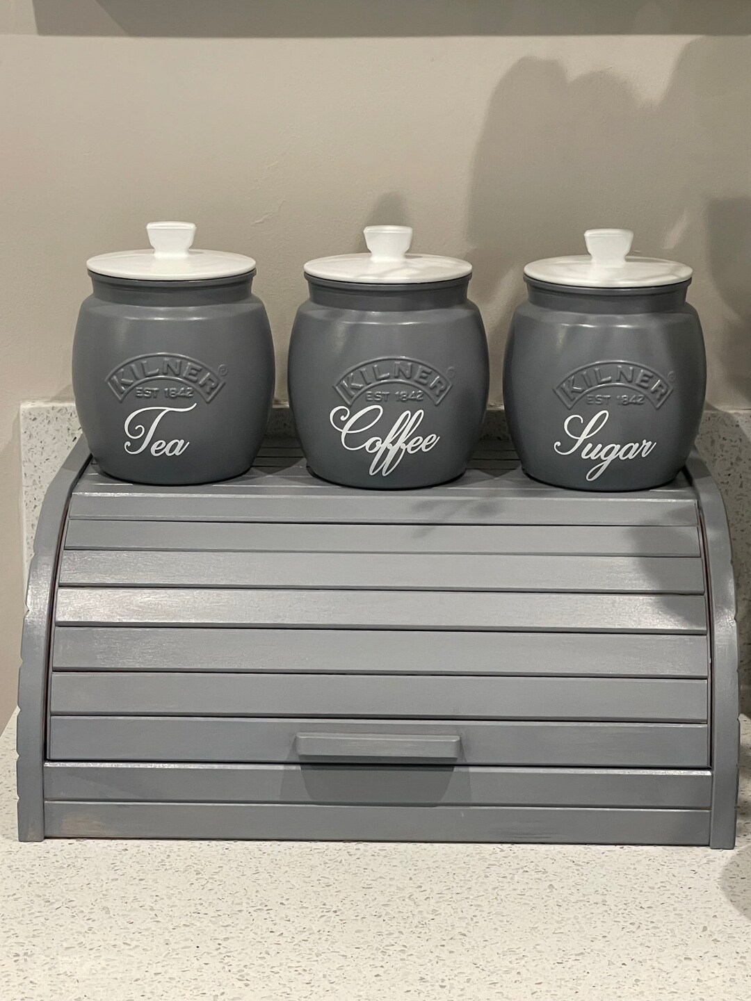 Grey Kitchen Canister Set: Tea, Coffee, Sugar, Biscuit Jar & Bread Bin ...