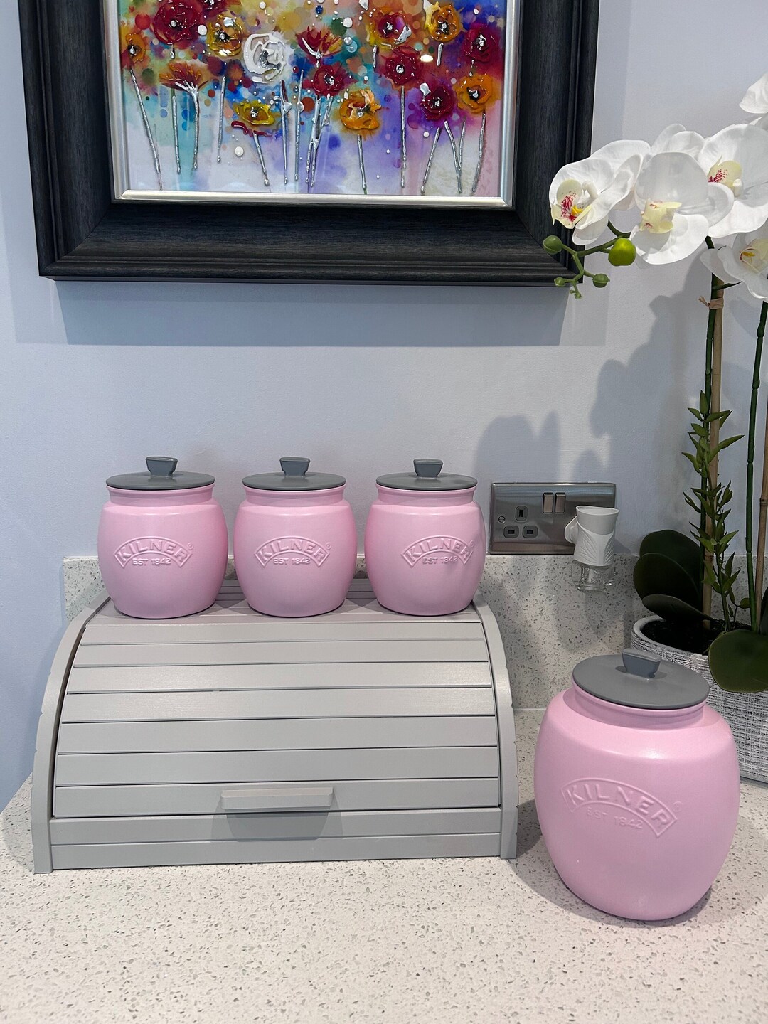 Pink Canister Sets Tea Coffee Sugar Treats Biscuit Glass Jar and Wooden ...