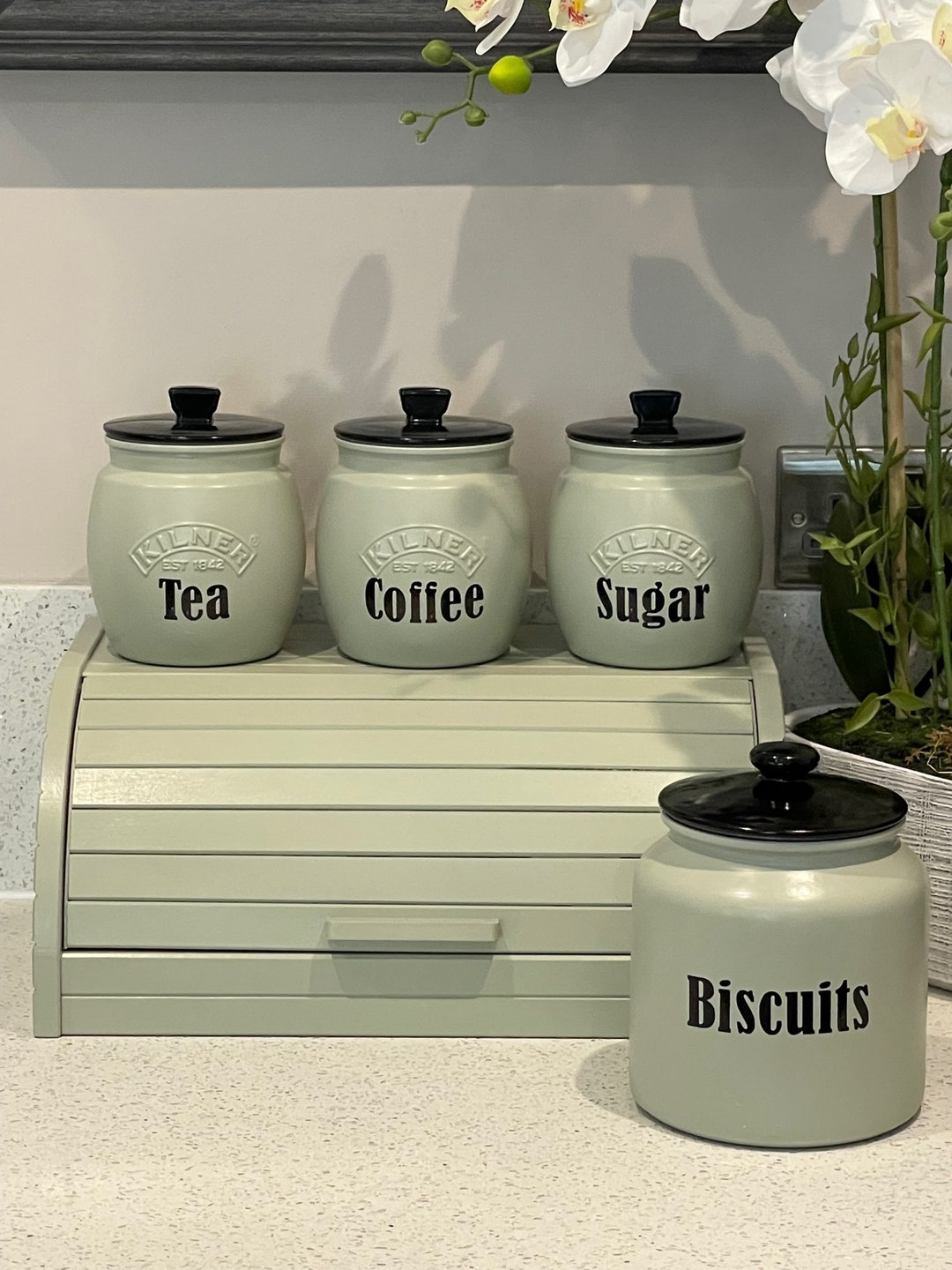 Sage Green Kitchen Canister Set: Tea, Coffee, Sugar Jars & Bread Bin - Etsy