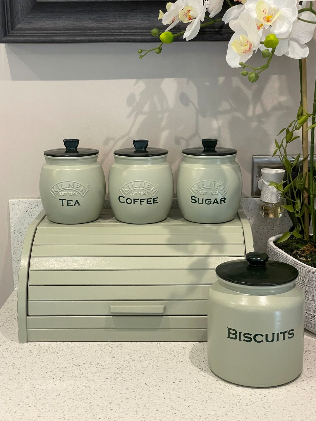 Sage Green Kitchen Canister Set: Tea, Coffee, Sugar, Biscuit Jar ...