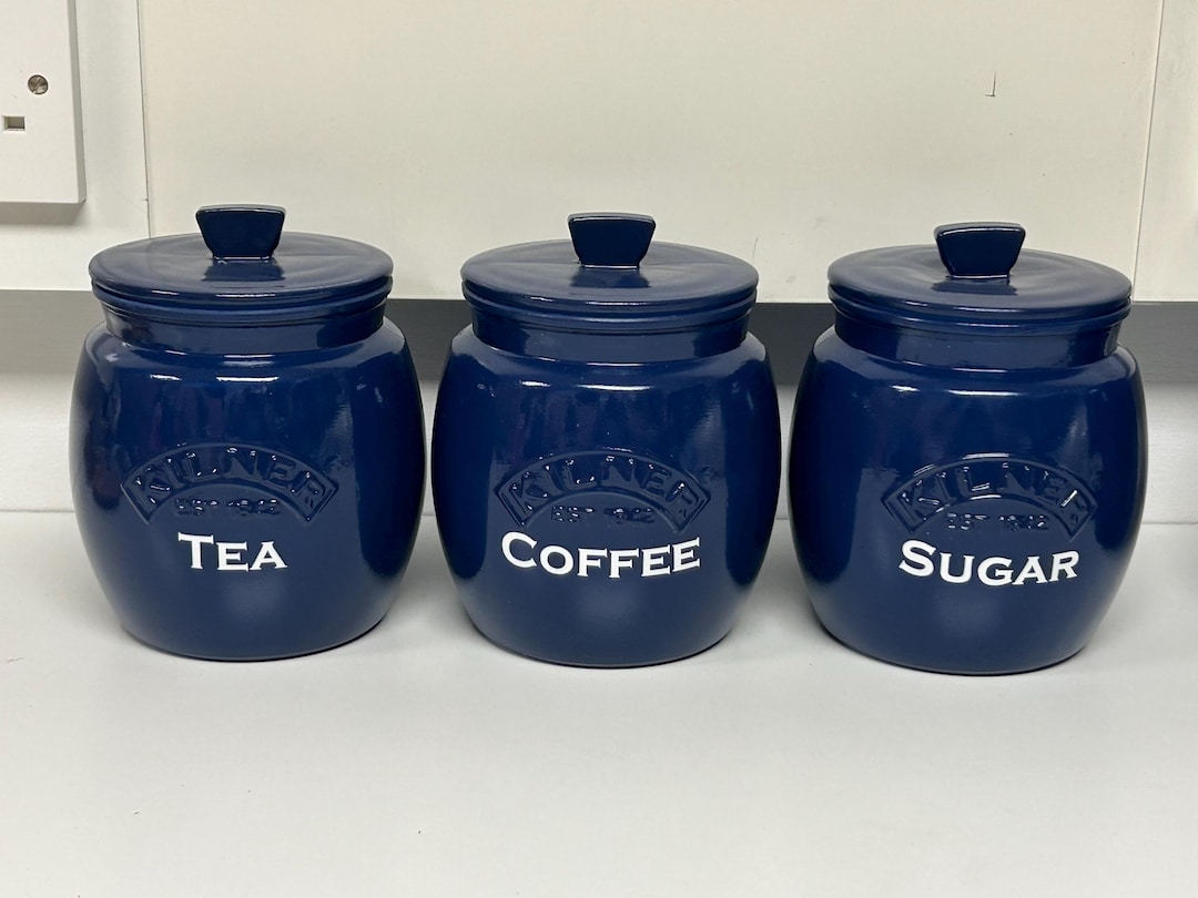 Hand-painted Navy Blue Tea, Coffee, Sugar Canisters: Kilner Jars ...