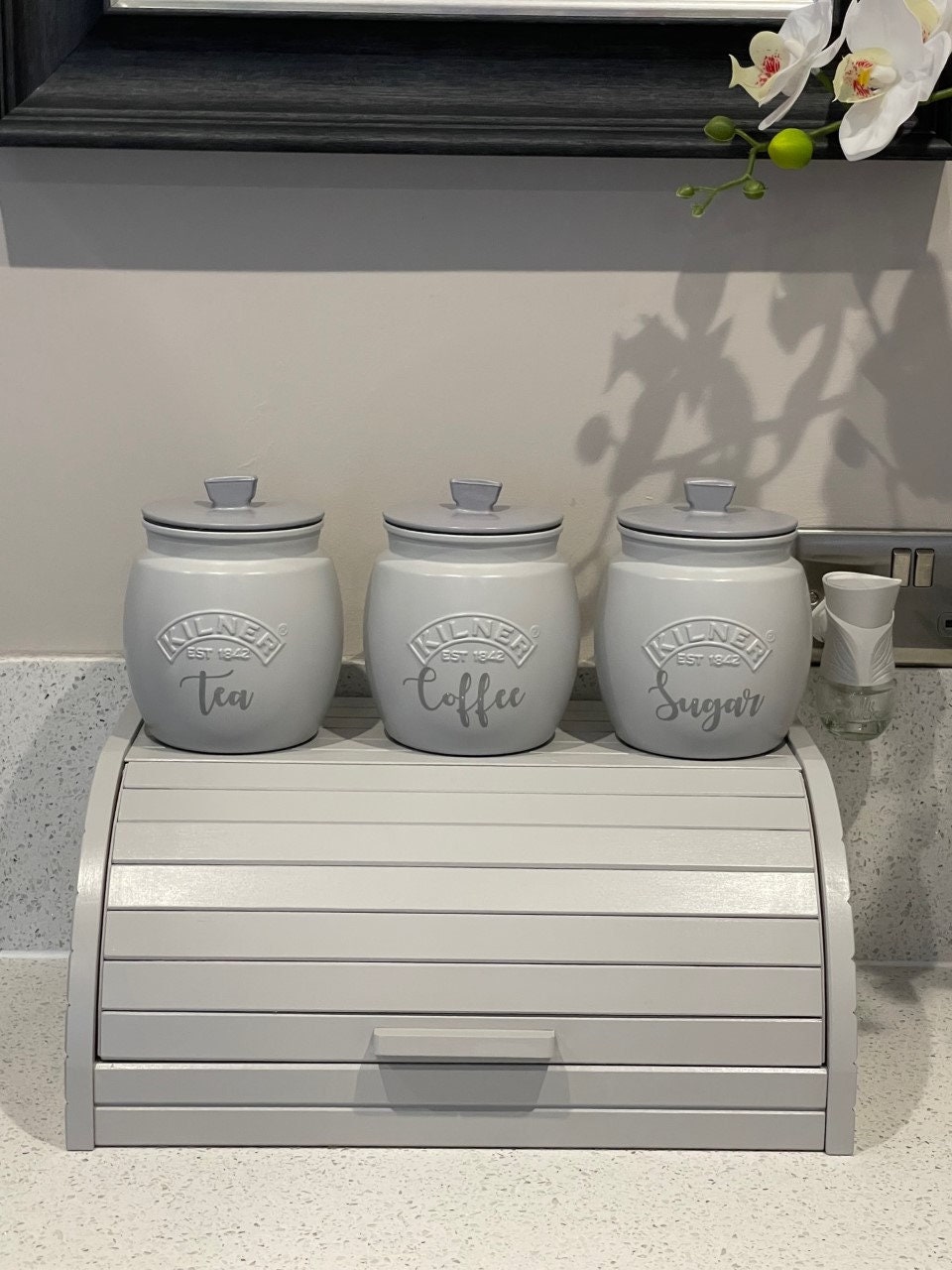 Light Grey Kitchen Canister Set: Tea, Coffee, Sugar Jars & Bread Bin - Etsy