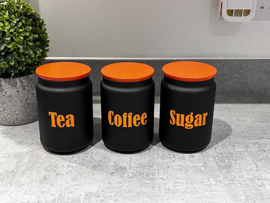 Black Tea Coffee Sugar Kitchen Storage Canister Sets Shown With Orange ...