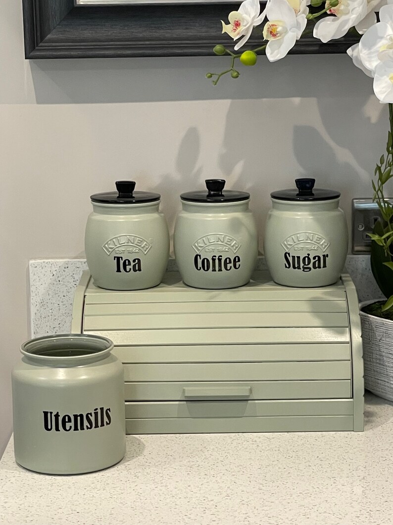 Sage Green Kitchen Canister Set: Tea, Coffee, Sugar Jars & Bread Bin - Etsy