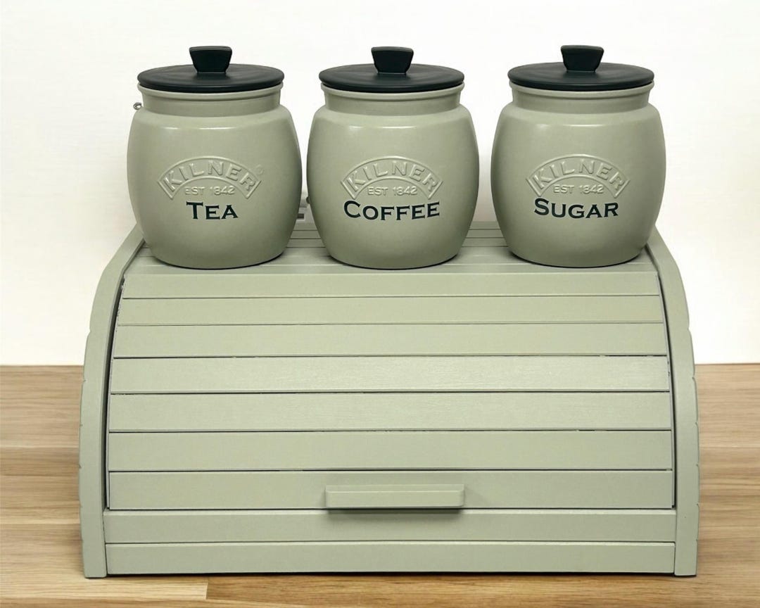Sage Green Kitchen Canister Set: Tea, Coffee, Sugar Jars & Bread Bin - Etsy