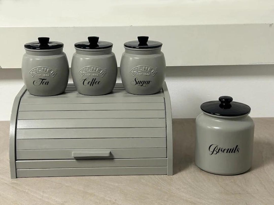 Grey Kitchen Canister Set: Tea, Coffee, Sugar, Biscuit Jar & Bread Bin ...