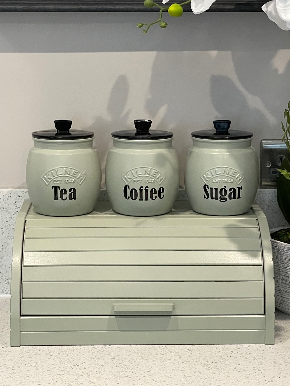 Sage Green and Black Tea Coffee Sugar Canisters Biscuit / - Etsy