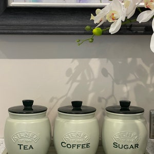 Sage Green Kitchen Canister Set Tea Coffee Sugar Biscuit Jar & Bread ...