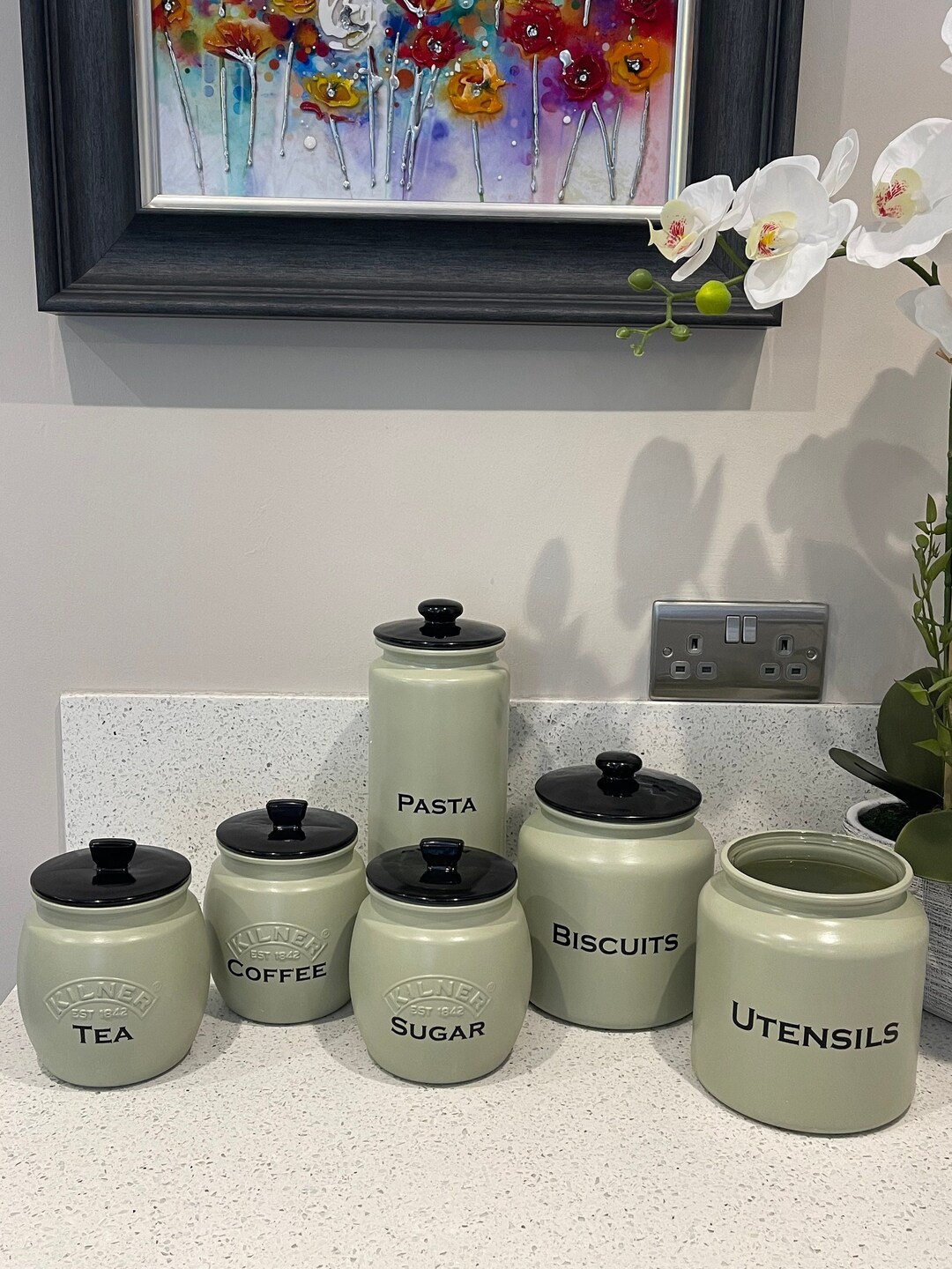 Sage Green Tea Coffee Sugar Canisters Biscuit Utensil Jars With Bread ...