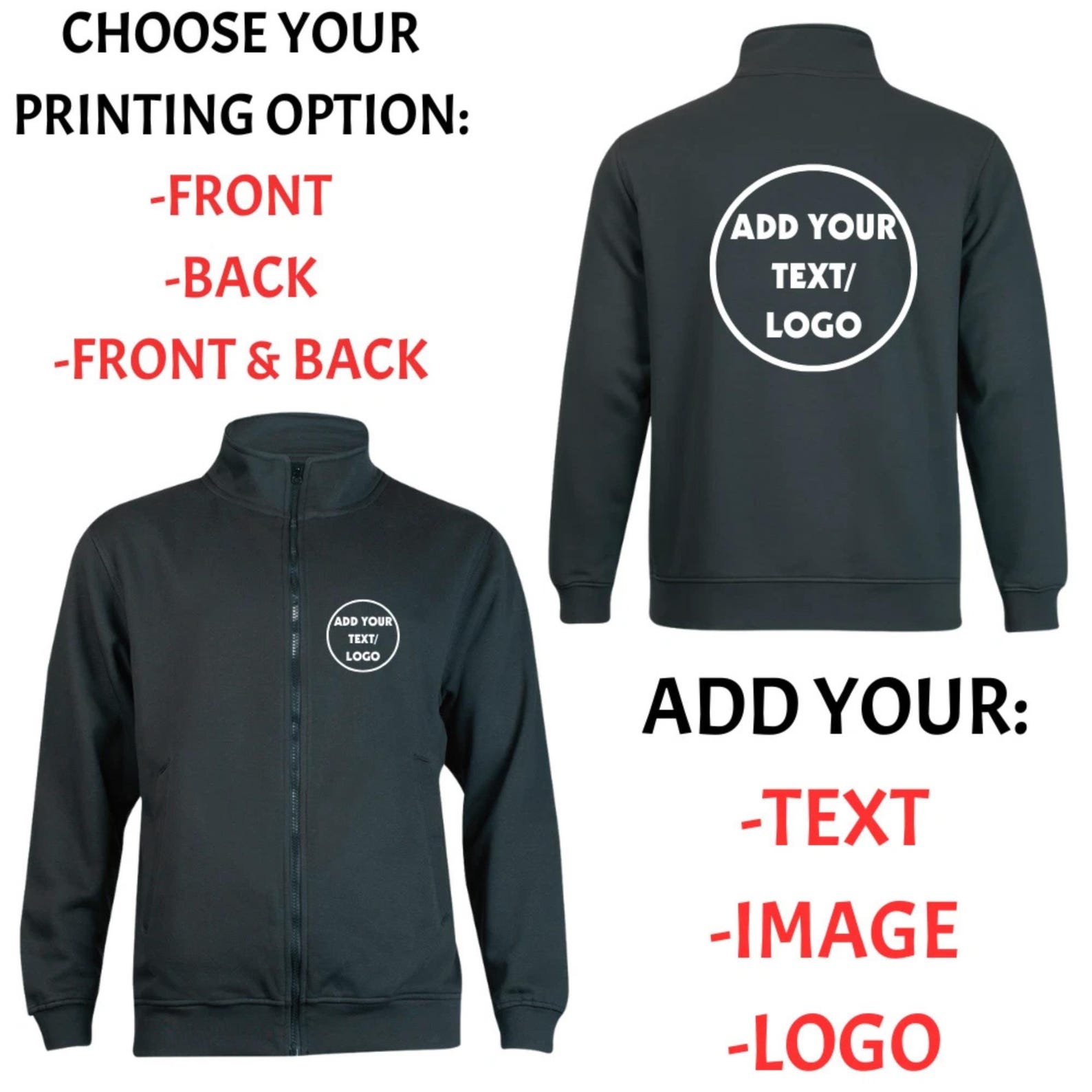 Personalised Custom Printed Zip Jacket |add Your Own Logo or Text ...