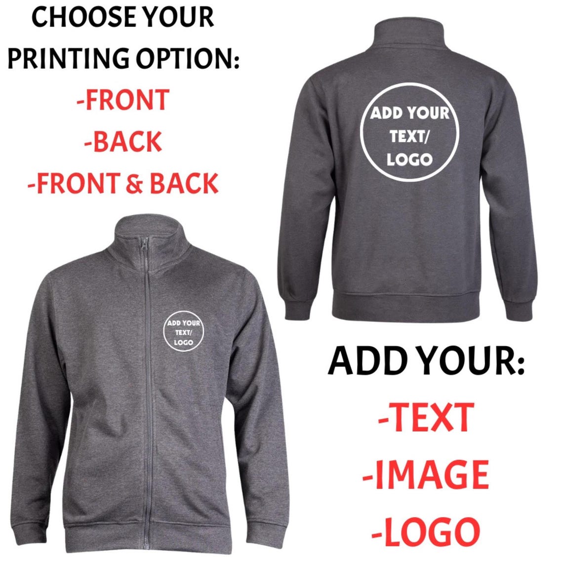 Personalised Custom Printed Zip Jacket |add Your Own Logo or Text ...