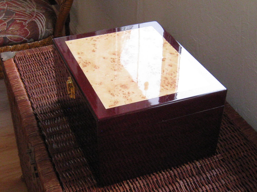 Elegant Polished Cherry Wood Urn Case With Burl Wood Inlay, Brass ...