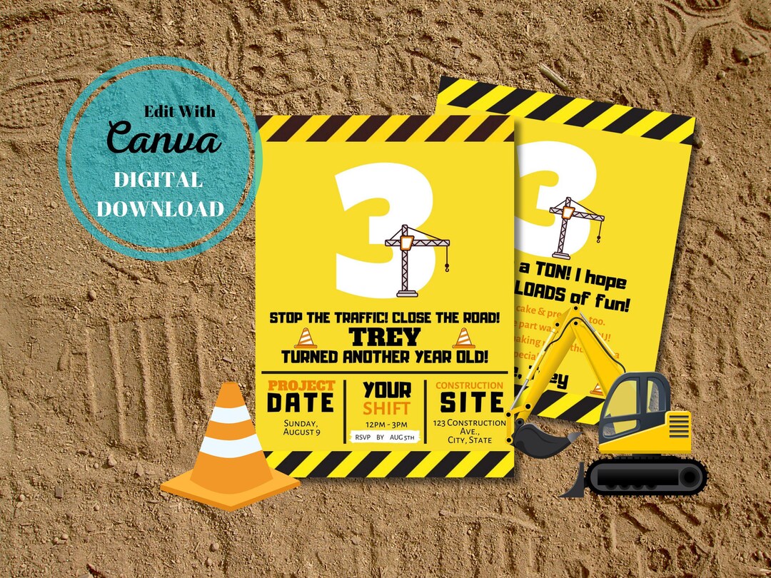 Editable Construction Birthday Invitation & Thank You Card Template ...