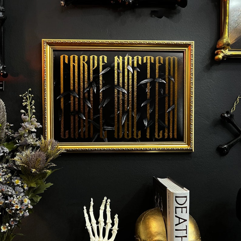 CARPE NOCTEM Black & Gold Print | Crossbones Floral Gothic Art Print ...