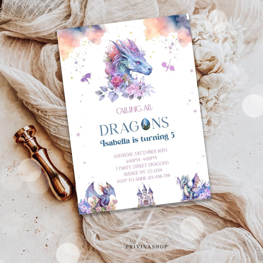 Editable Dragon Birthday Invitation Purple Dragons Download Medieval ...