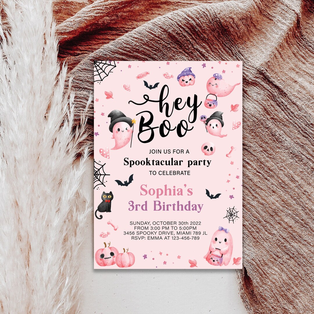 Halloween Pink Ghost Birthday Invitation Hey Boo Ghost Halloween Party ...
