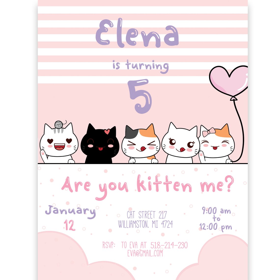 Cat Birthday Invitation Kitten Kawaii Invitation Kitten - Etsy