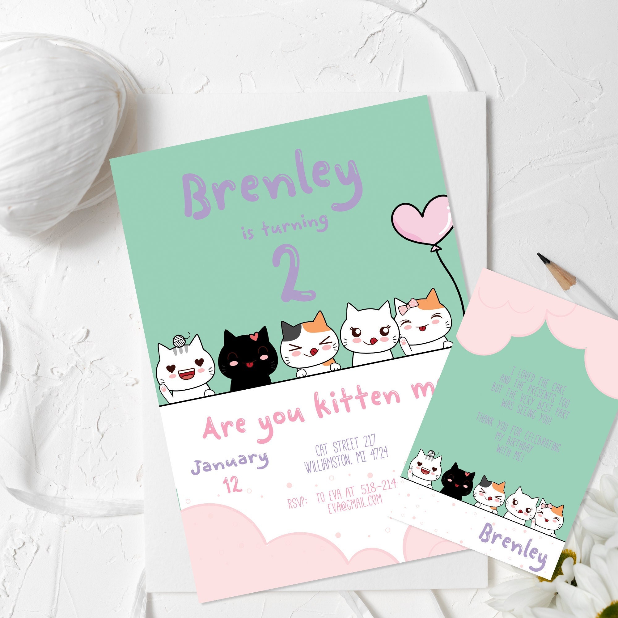 Kitten Birthday Invitation Cats Party Kawaii for Girl Are You Kitten Me ...