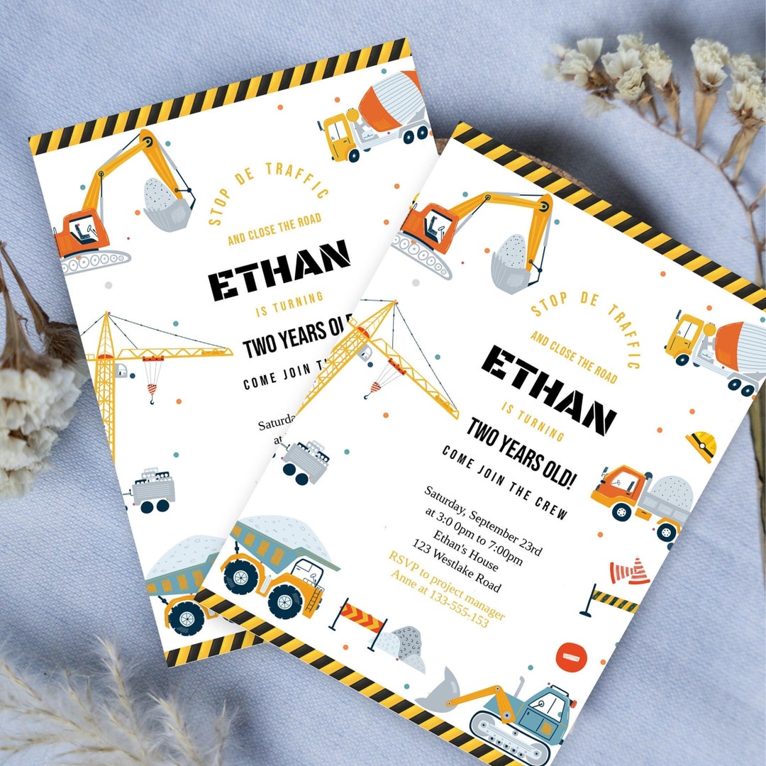 Editable Construction Truck Birthday Theme Invite Digger Party ...