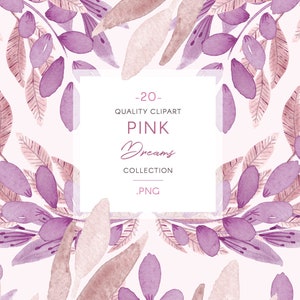 Pink Foliage Watercolor Clip Art, PNG Hand Painted Leaves and Wreaths ...