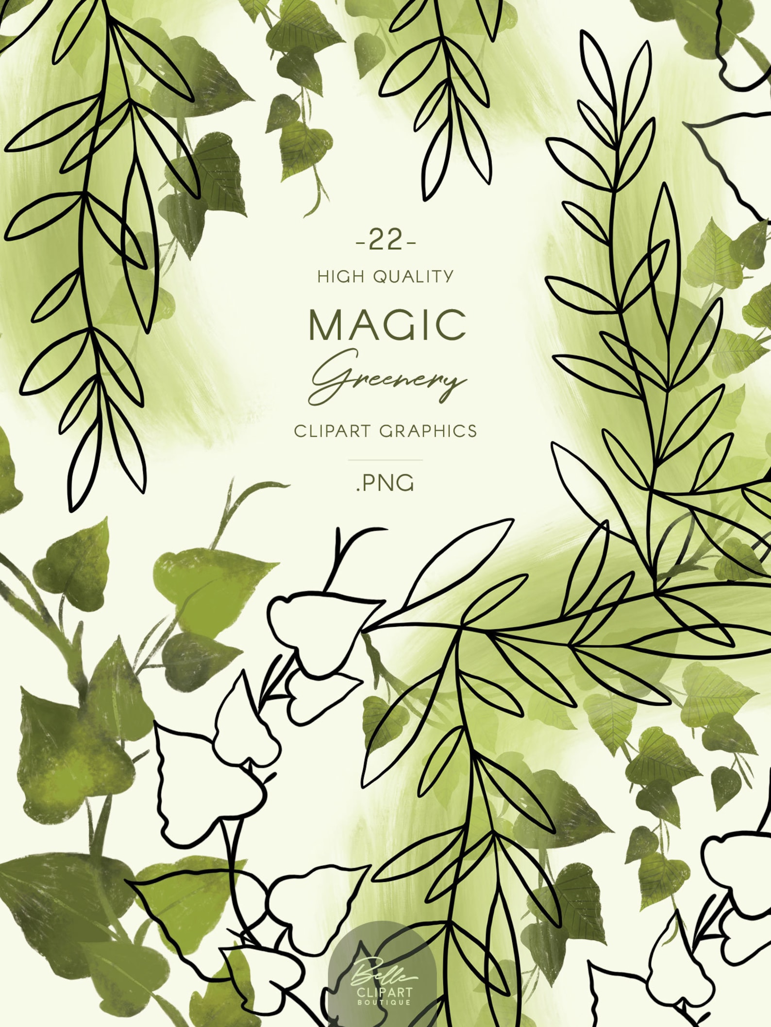 Line Art Greenery & Green Watercolor Leaves and Frames Clip Art - Etsy UK