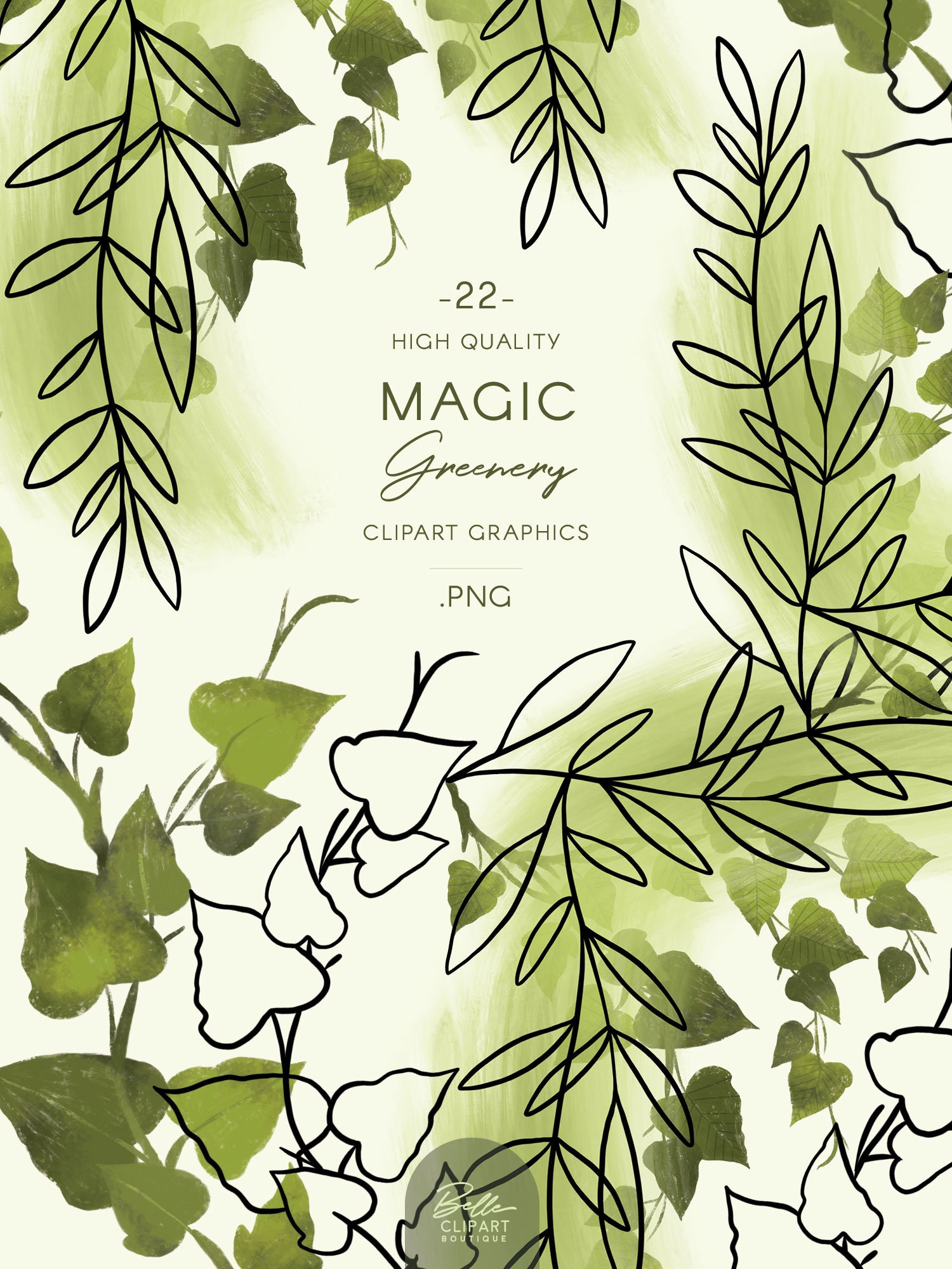 Line Art Greenery & Green Watercolor Leaves and Frames Clip | Etsy