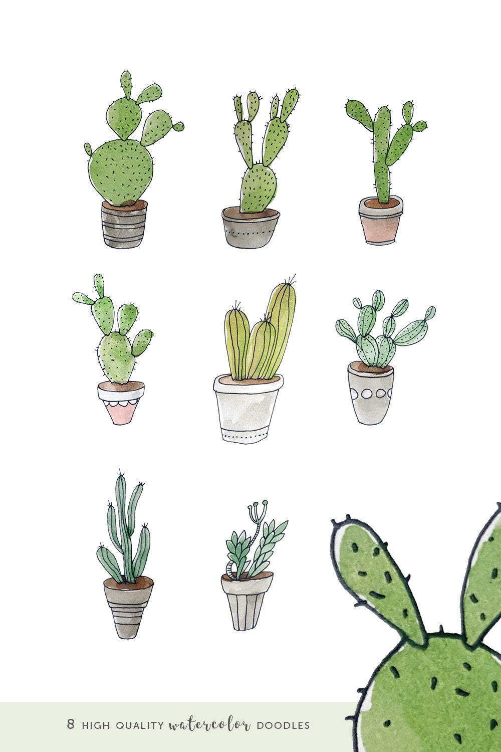 Doodle Cactus Clipart Hand Painted Watercolor Cacti Set - Etsy
