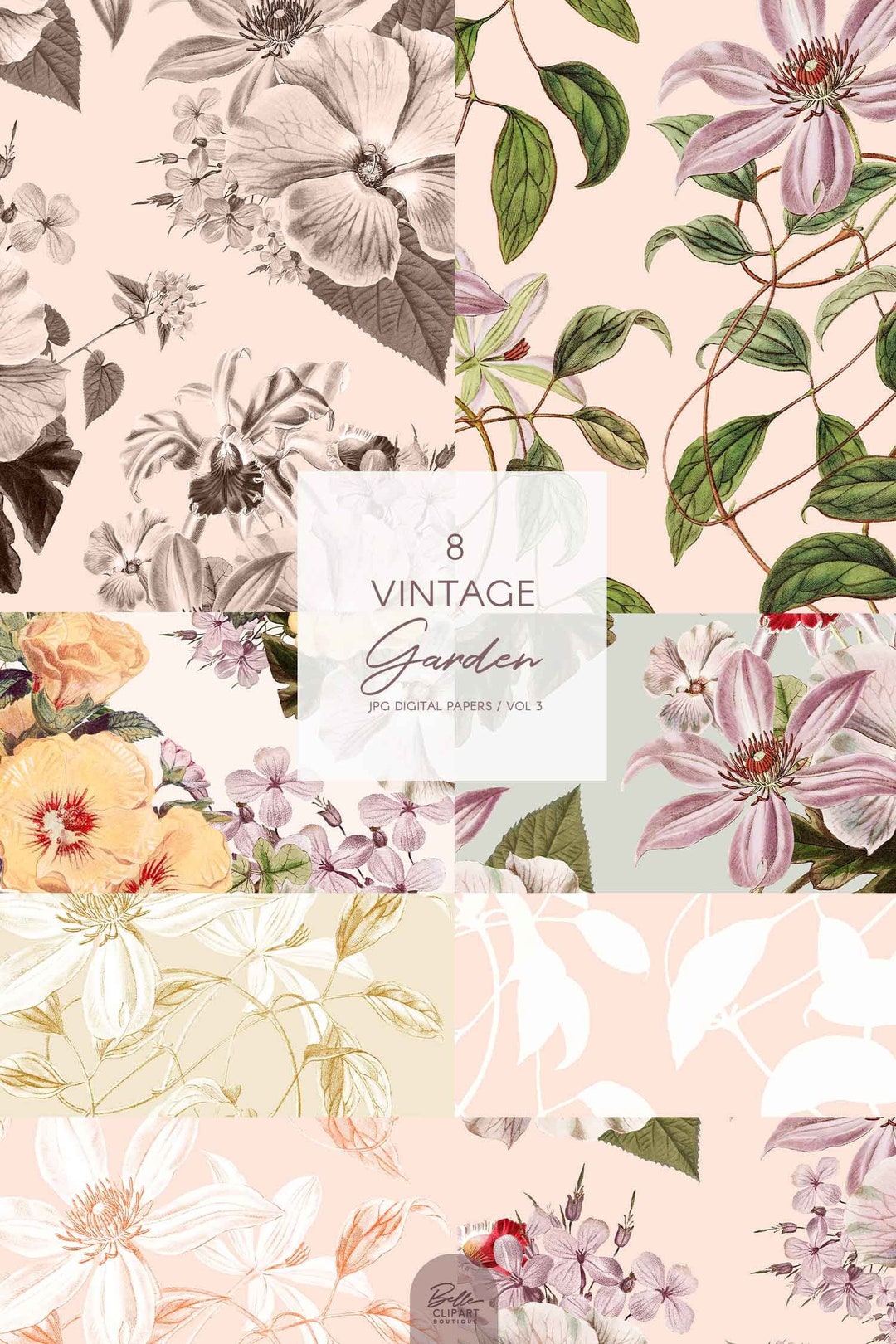 Vintage Pink Flowers Digital Paper Set, Cottagecore Floral/ Botanical ...
