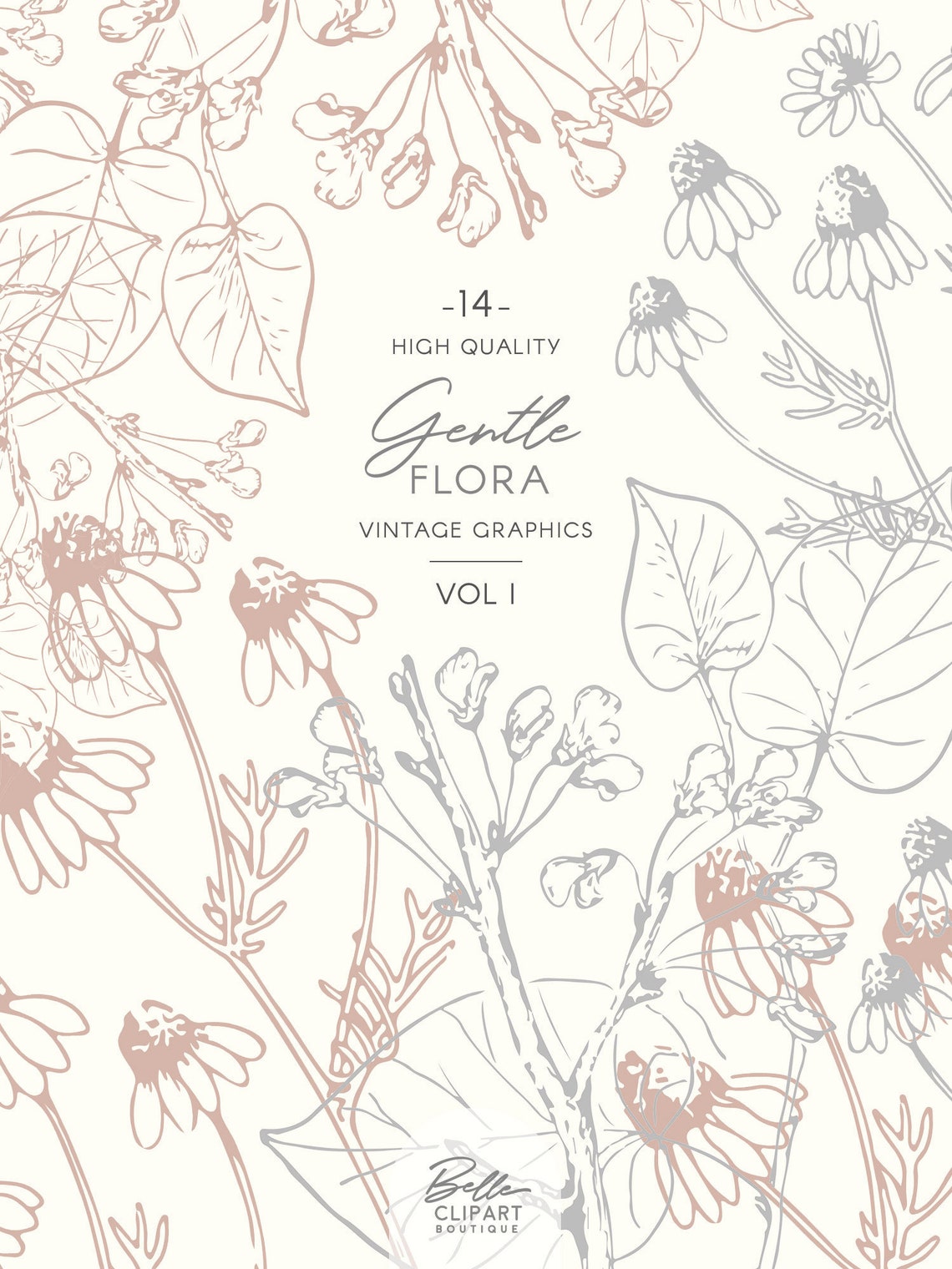 Vintage Floral Botanical Clipart Blush & Grey Line Drawing - Etsy