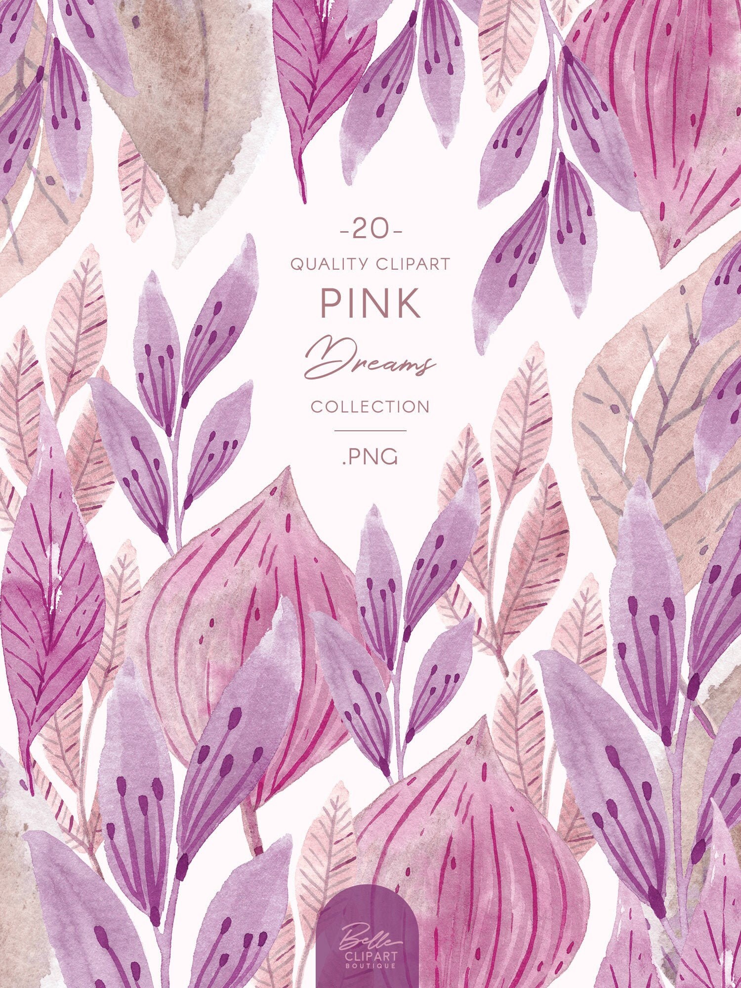 Pink Foliage Watercolor Clip Art, PNG Hand Painted Leaves and Wreaths ...